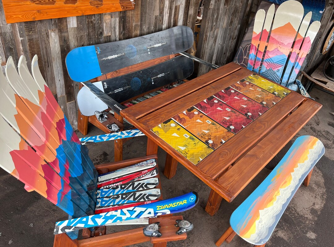 Outdoor Patio Set of 5- Includes: 2 Snowboard Benches, 2 Mural Painted ...