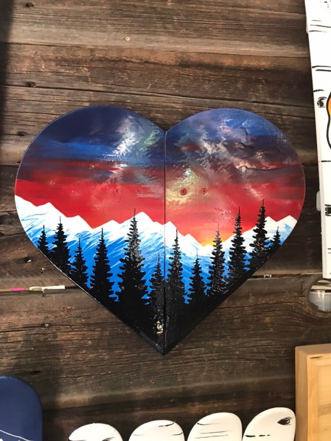 Hand Painted Heart Snowboard Art, Rocky Mountain Sunset Mural - Etsy
