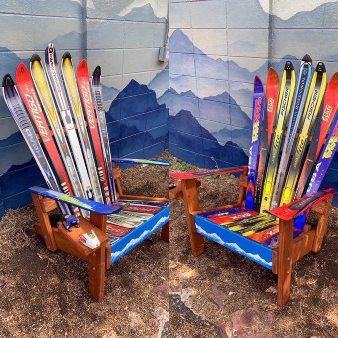 Set of (4)- Adirondack Ski Chairs With Hand Painted Snowy Mountain ...