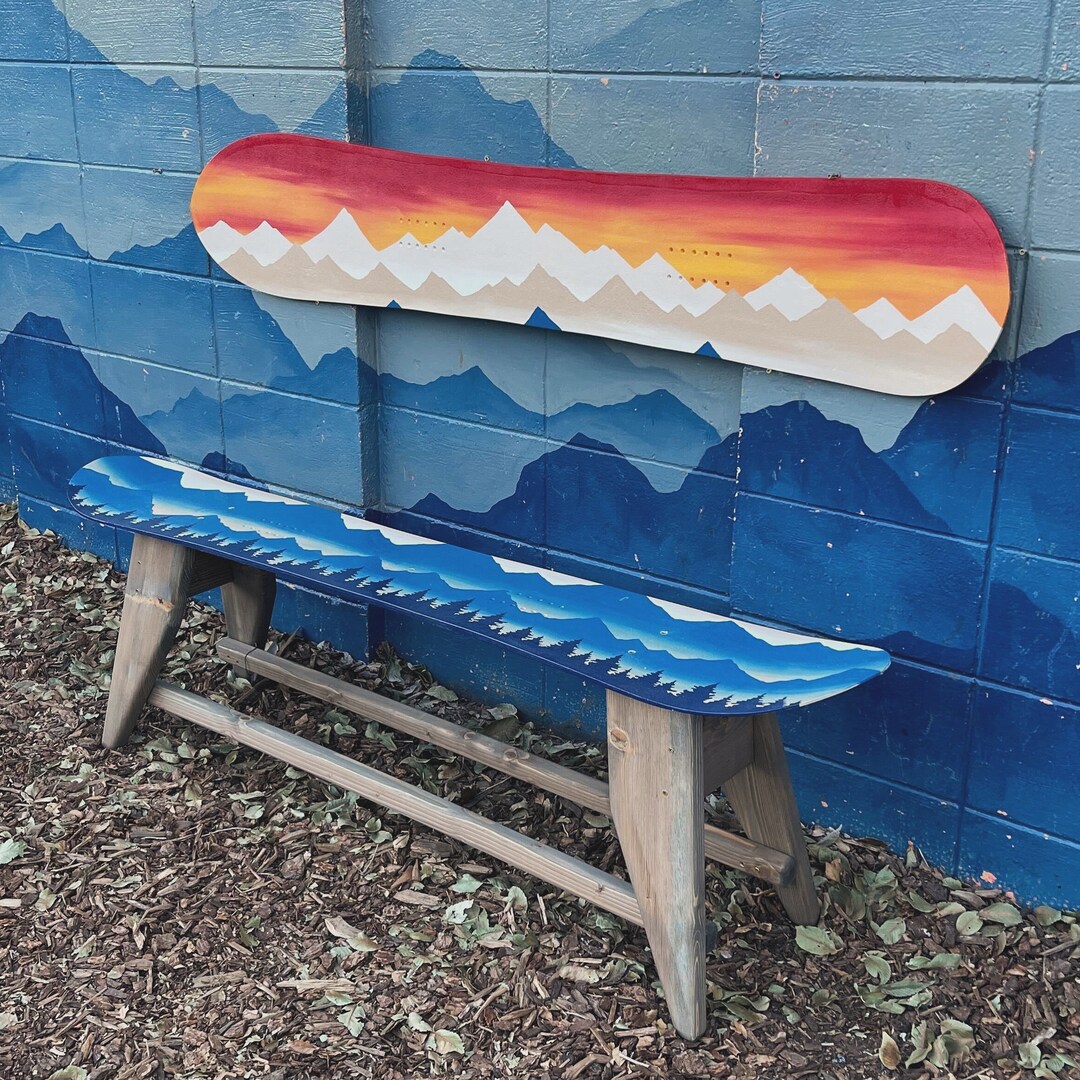 Entry Way Blue & Sunset Mystic Mountain Single Snowboard Bench and Wall ...