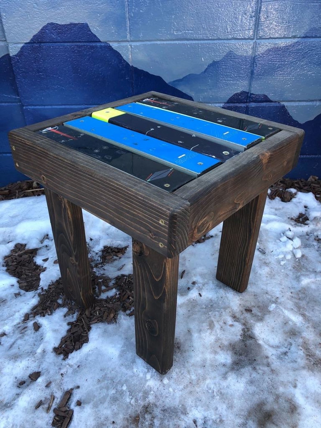 Dark Stained Wood Ski Side Table, Seat, Wood Frame, Choose Your Colors ...