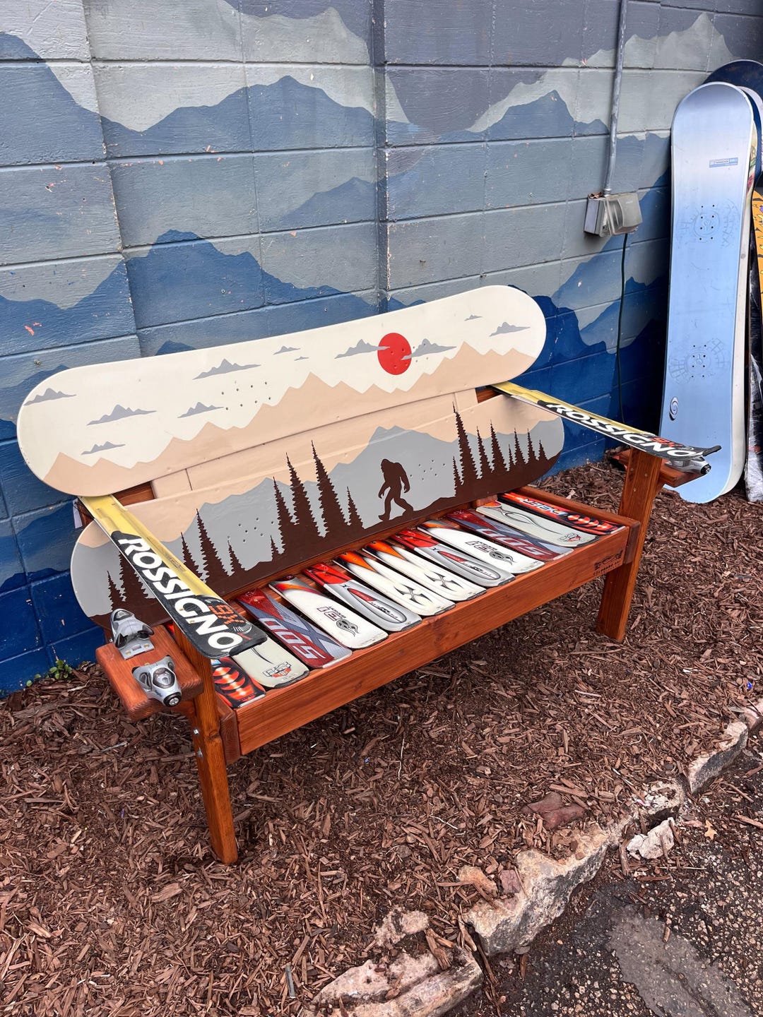 Hand-painted Bigfoot Ski Bench, Upcycled Snowboard Loveseat - Etsy