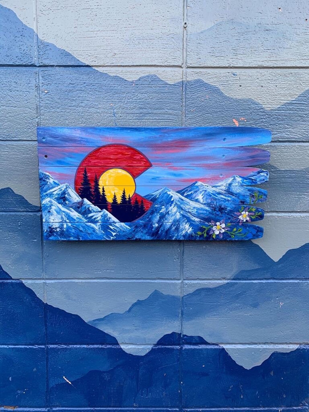Colorado Mountains & Columbine Mural Wall Flag Art Hand-painted on ...