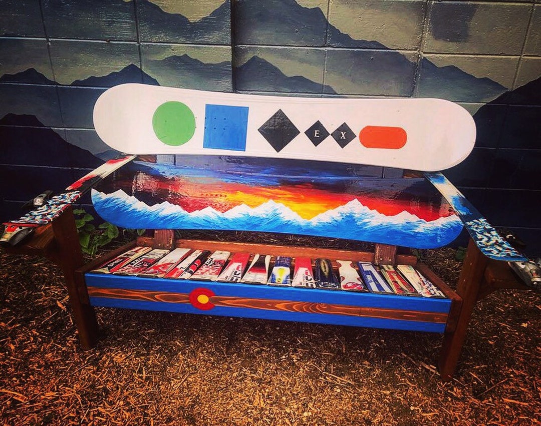 Hand-painted Snowboard Bench, Ski Resort Signs W/ Colorado Sunset ...