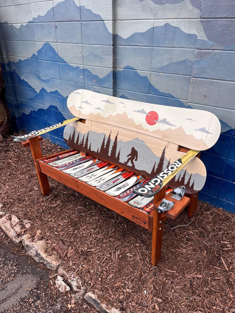 Hand-painted Bigfoot Ski Bench, Upcycled Snowboard Loveseat - Etsy