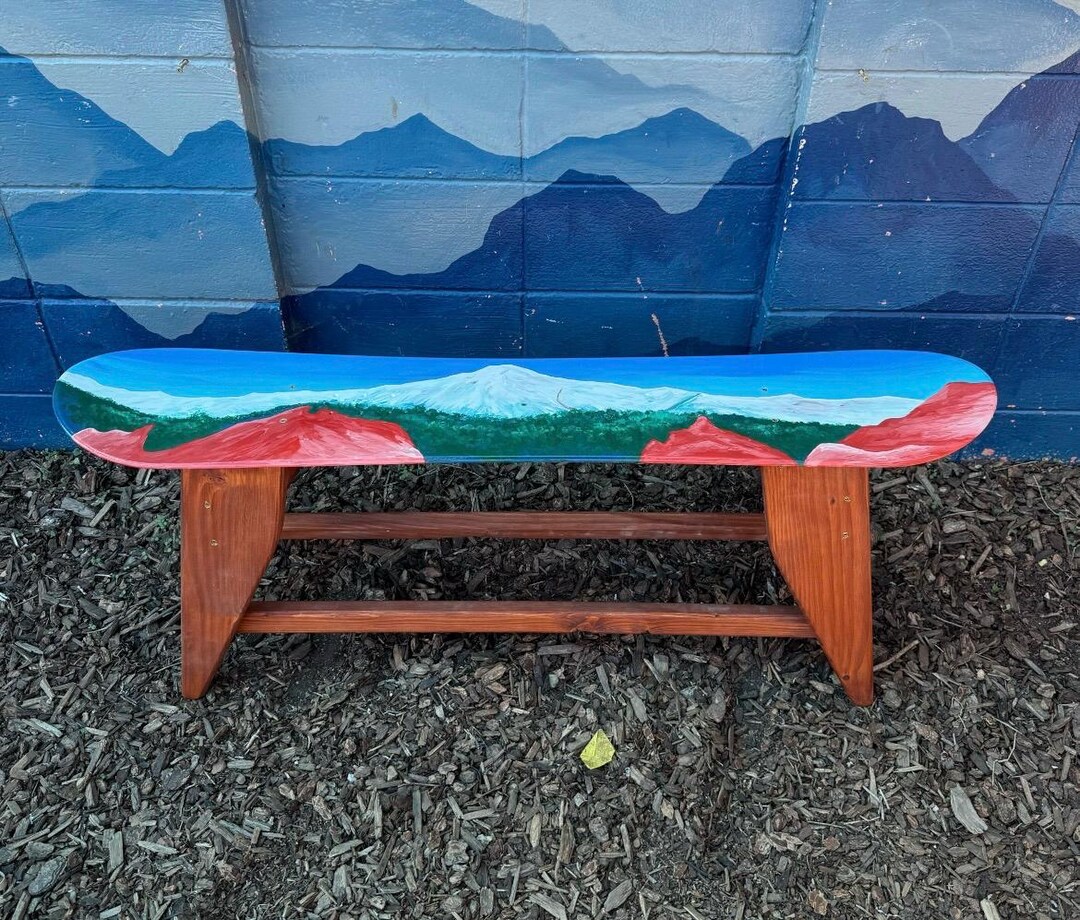 Hand Painted Snowboard Bench, Blue Sky Pikes Peak, Mountain Mural - Etsy
