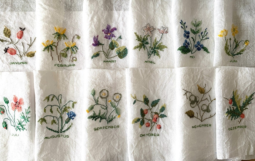 12 Lovely Embroidered Cross Stitch Month of the Year Vintage Floral ...