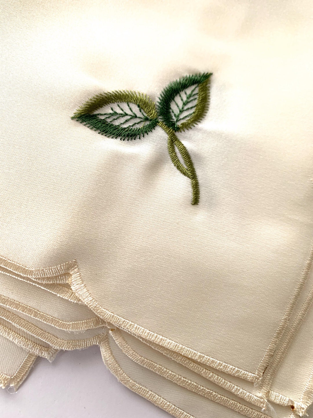Embroidered Table Napkins: Beige Cream Linen With Green Leaf - Set of 4 ...