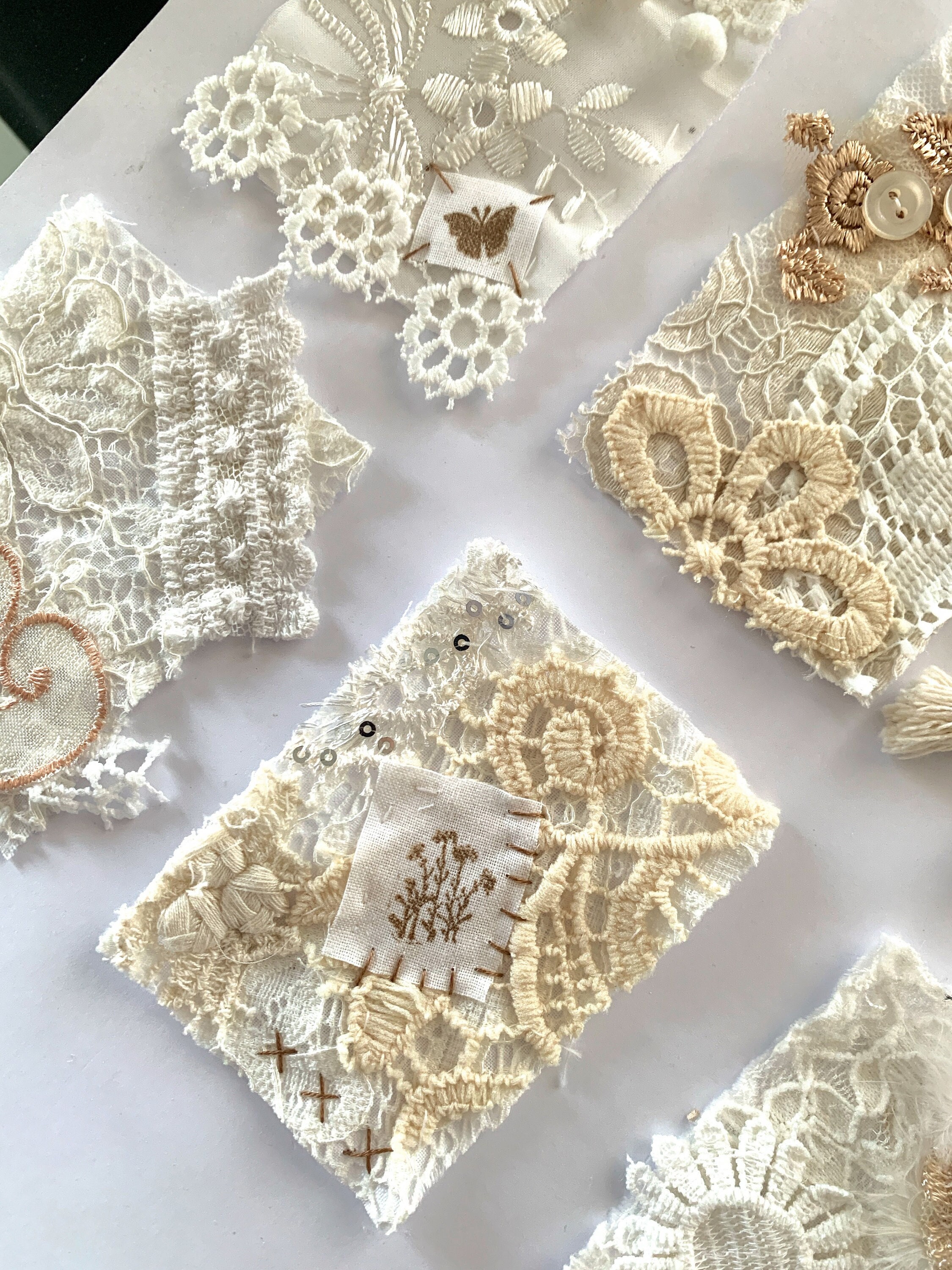 Hand Sewn Fabric & Lace Tags Clusters Shabby Chic Embellishments for ...
