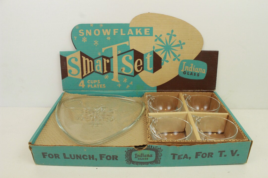 Snowflake Smart Set, Indiana Glass, 4 Cups, 4 Plates, Vintage Luncheon ...