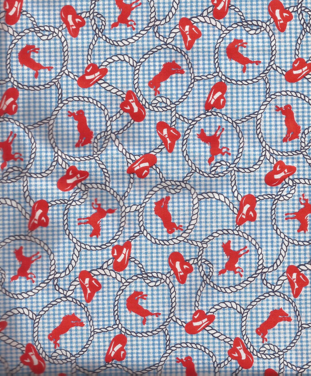 Blue Check Horse Cowboy Western Print Cotton Fabric / Marcus Brothers ...