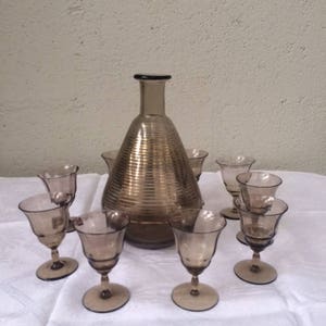 Carafe in Brown Glass Liqueur and 9 Small Glasses Liqueur Very Elegant ...