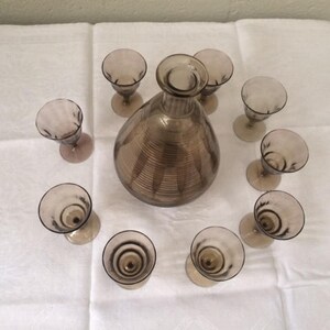Carafe in Brown Glass Liqueur and 9 Small Glasses Liqueur Very Elegant ...