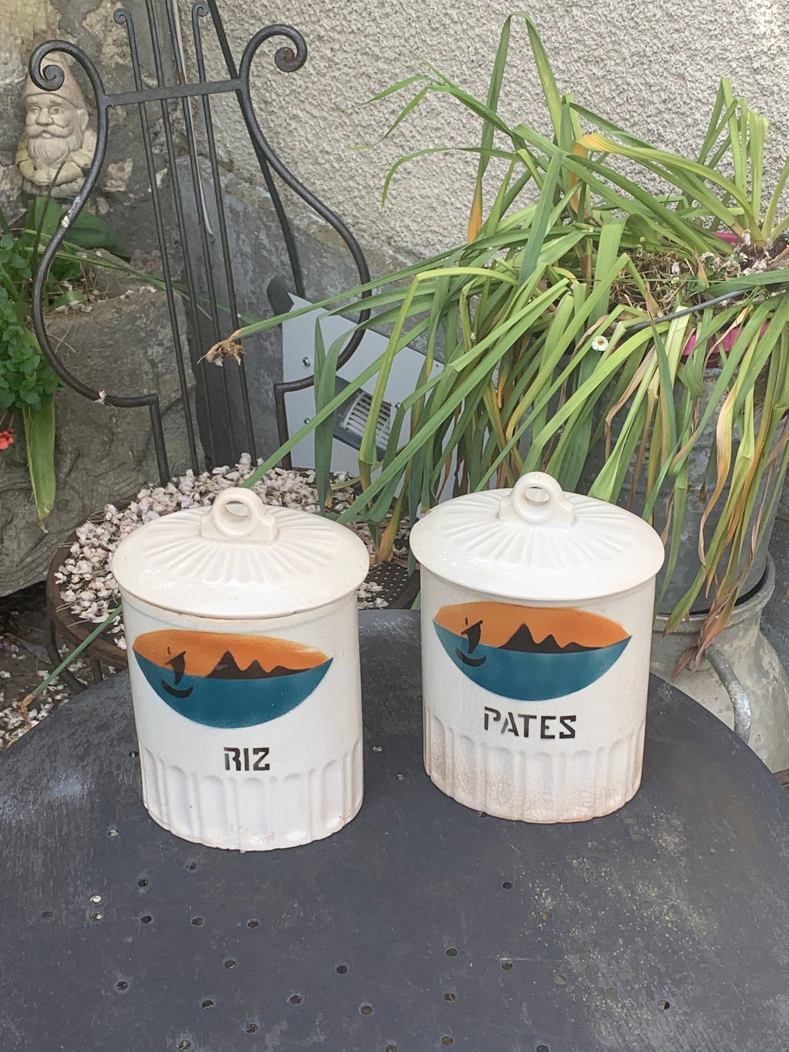 Series of 6 Art Deco Spice Pots, Stencil Patterns, Sea and Boat, Orange ...