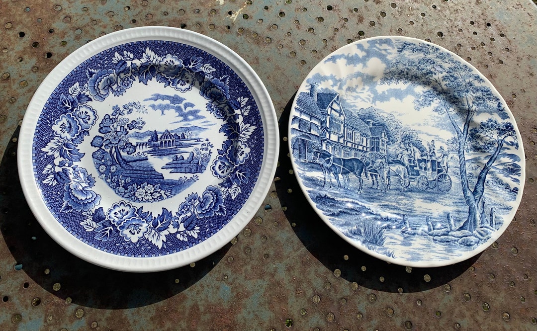 Mismatched, 2 Magnificent Flat Plates With Blue Patterns, Royal Swan ...