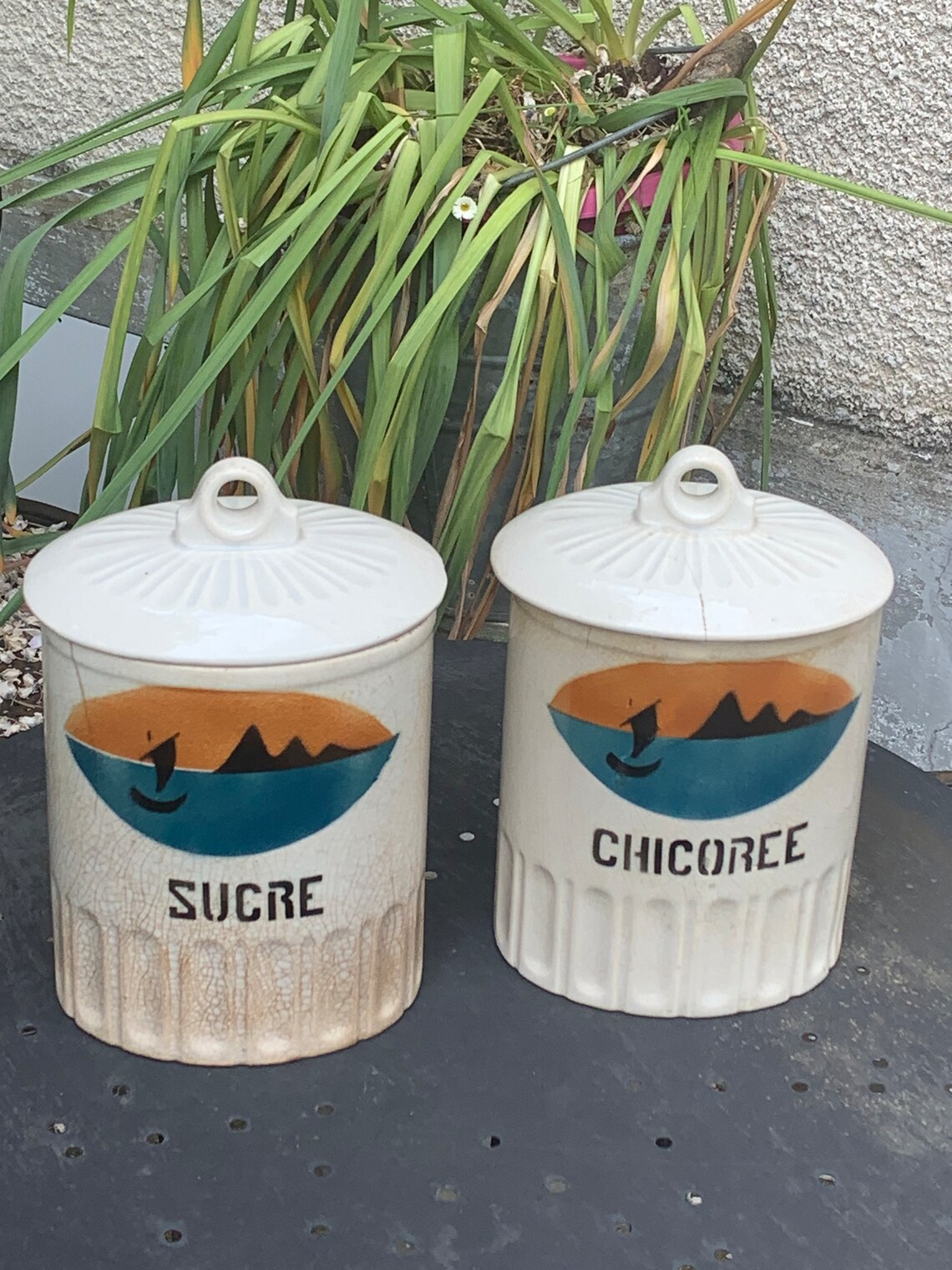 Series of 6 Art Deco Spice Pots, Stencil Patterns, Sea and Boat, Orange ...