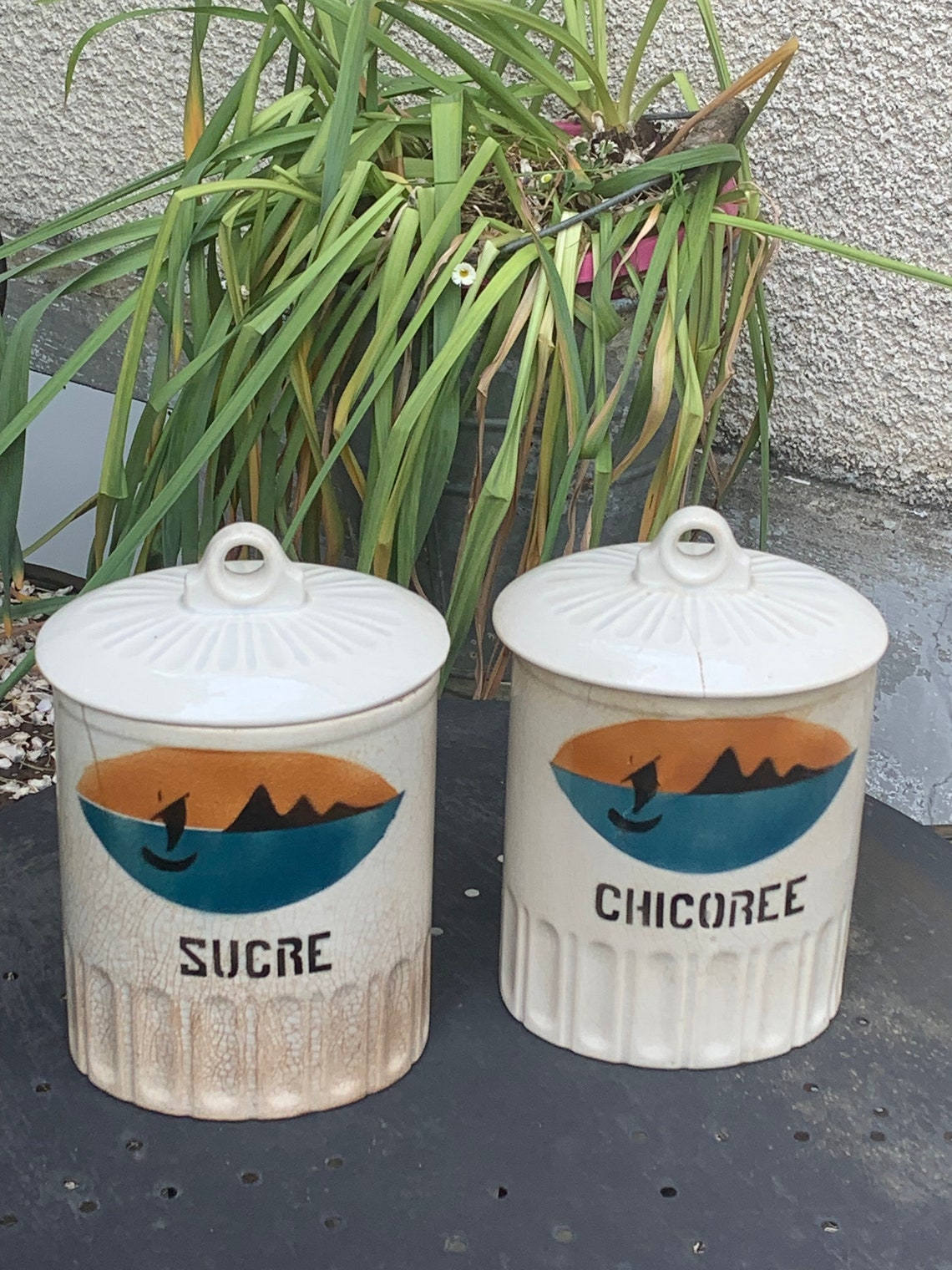 Series of 6 Art Deco Spice Pots, Stencil Patterns, Sea and Boat, Orange ...