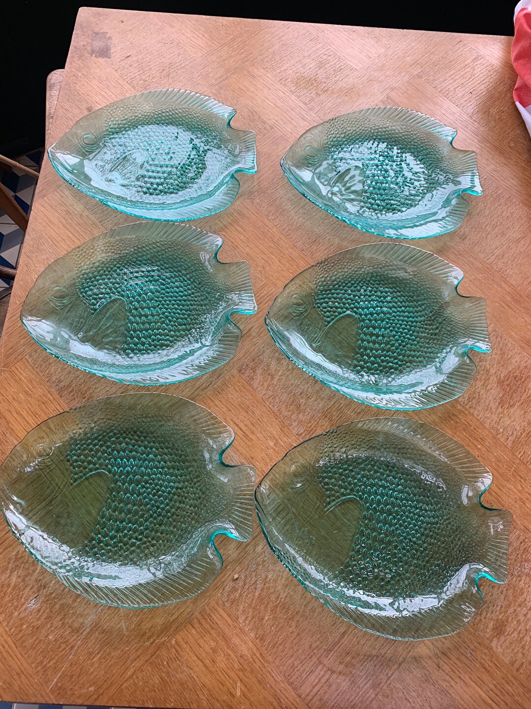 6 Transparent Green Glass Fish Plates Vintage - Etsy
