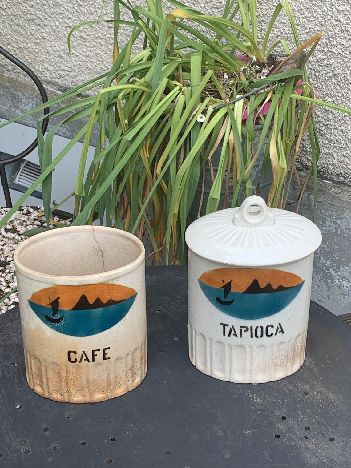Series of 6 Art Deco Spice Pots, Stencil Patterns, Sea and Boat, Orange ...