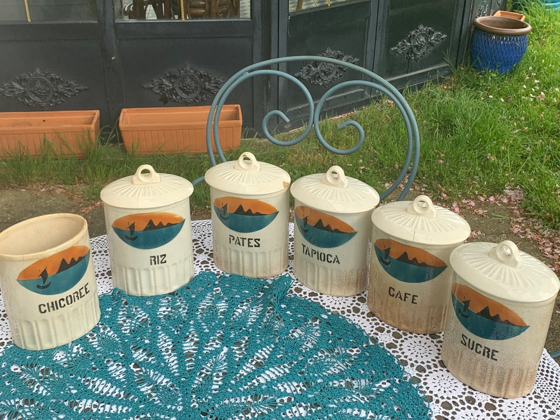 Series of 6 Art Deco Spice Pots, Stencil Patterns, Sea and Boat, Orange ...