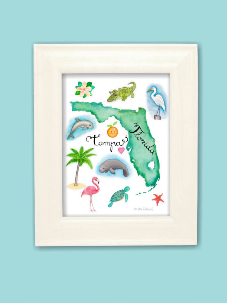 Florida art print Florida map print tropical watercolor | Etsy