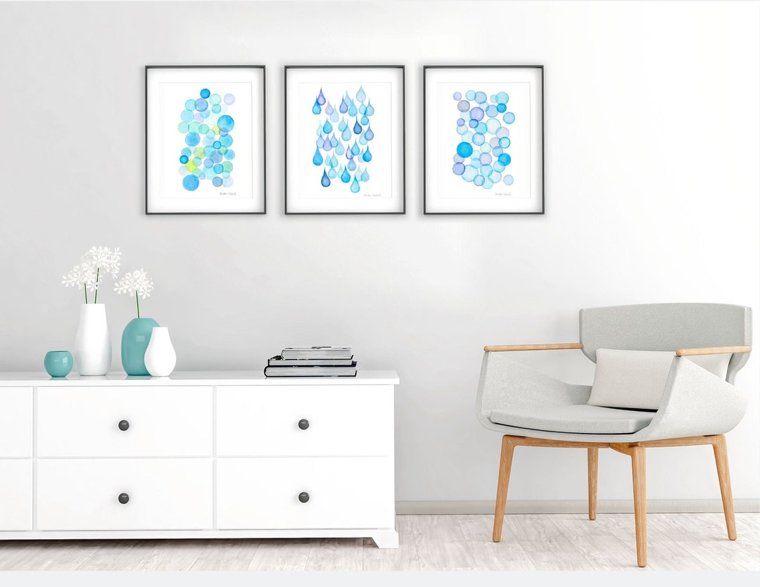 Watercolor Blue Bubbles Painting Set. Abstract Wall Art. Geometric Wall ...