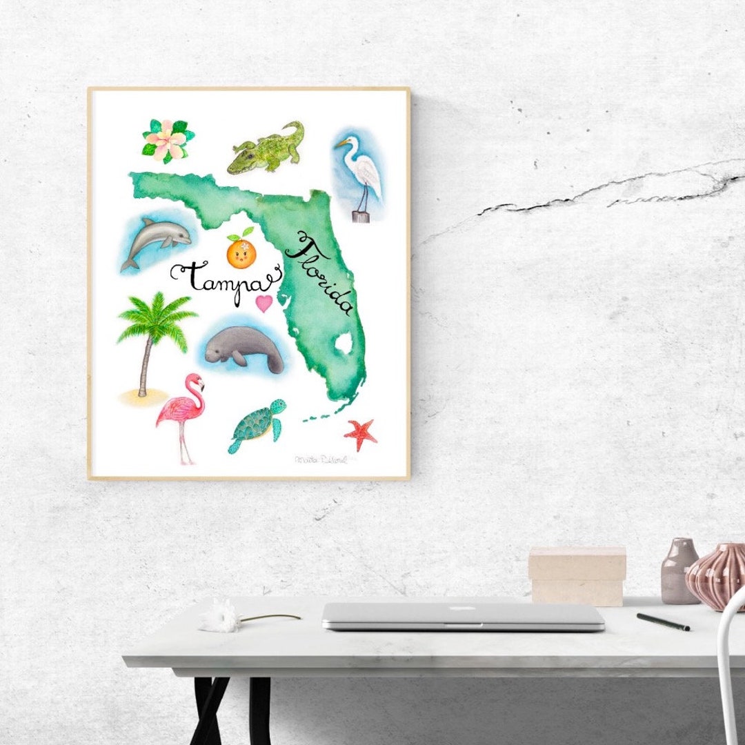 Florida Art Print, Florida Map Print, Tropical Watercolor Painting ...