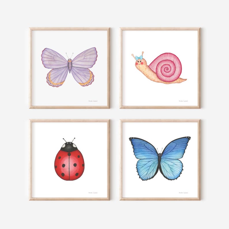 Watercolor Garden Creature Prints, Baby Girl Nursery Square Wall Art - Etsy