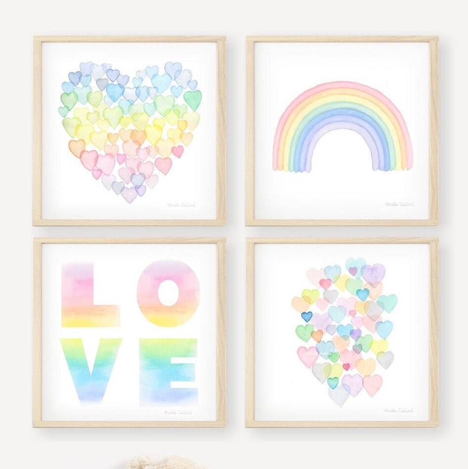 Pastel rainbow art set. Heart art print. Rainbow nursery | Etsy