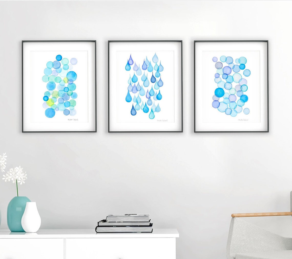 Watercolor Blue Bubbles Painting Set. Abstract Wall Art. Geometric Wall ...