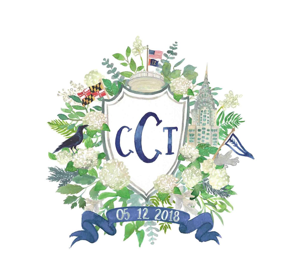 Hand Drawn Painted Crest - Monogram, Heraldry, Flowers, Hydrangea, Navy ...