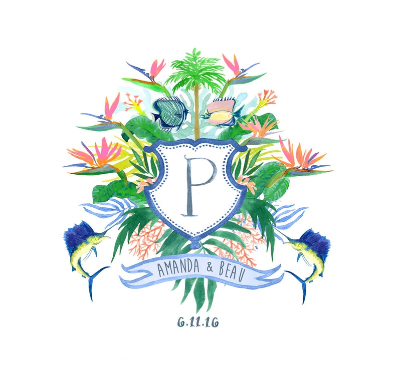 Hand Drawn Custom Crest - Monogram, Coral, Sea, Ocean, Beach, Conch ...