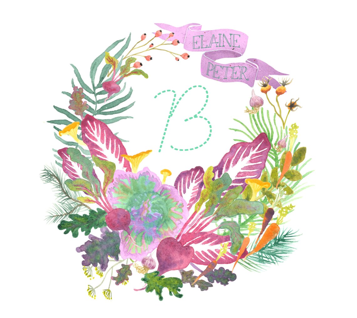 Hand Drawn Custom Botanical Crest Monogram Flowers Ferns - Etsy