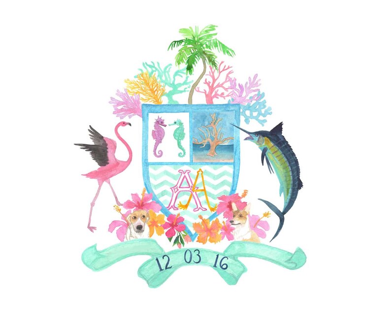 Hand Drawn Custom Crest - Monogram, Heraldry, Flowers, Palm, Hibiscus ...