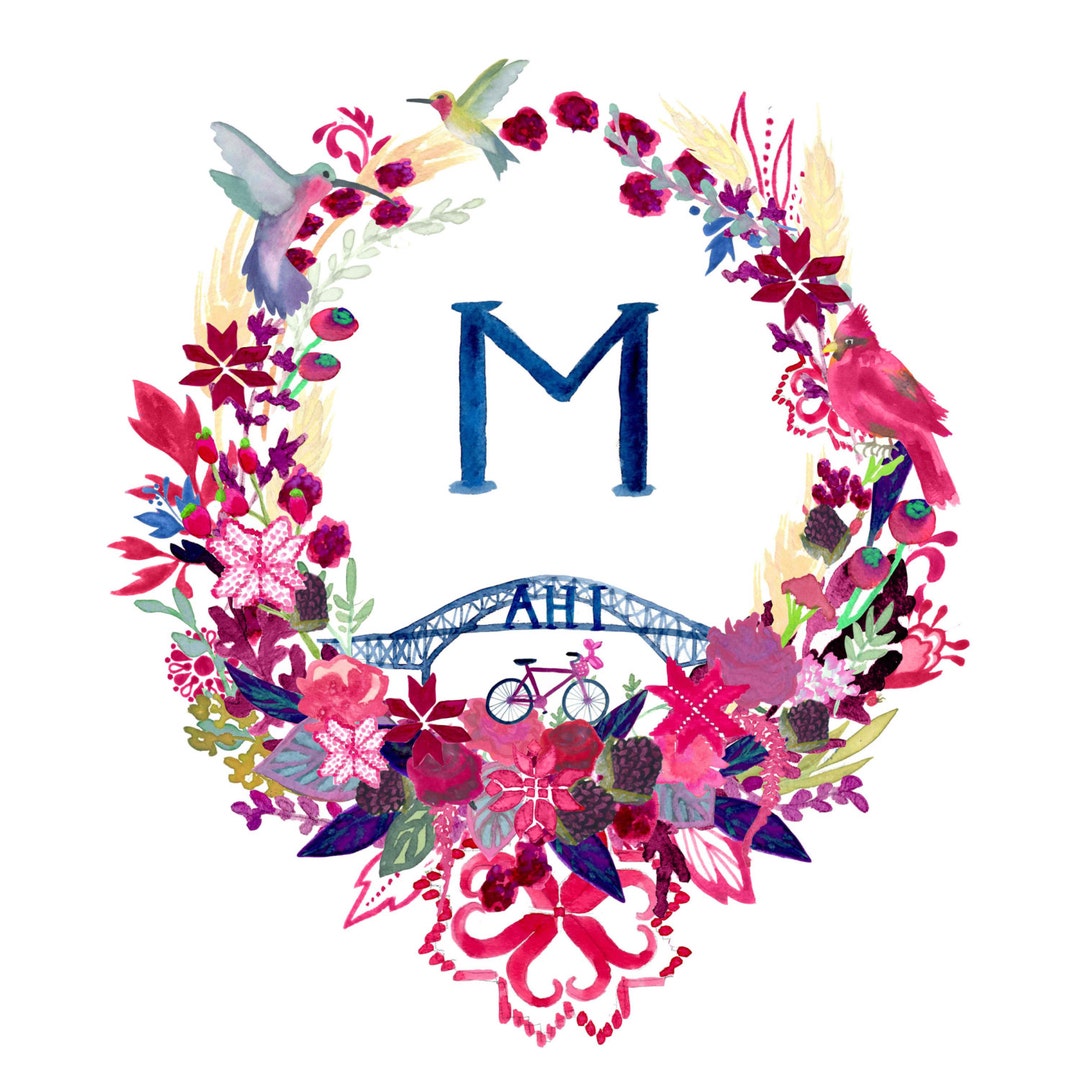 Hand Drawn Custom Monogram - Flowers, Hardanger, Berries, Red, Pink ...