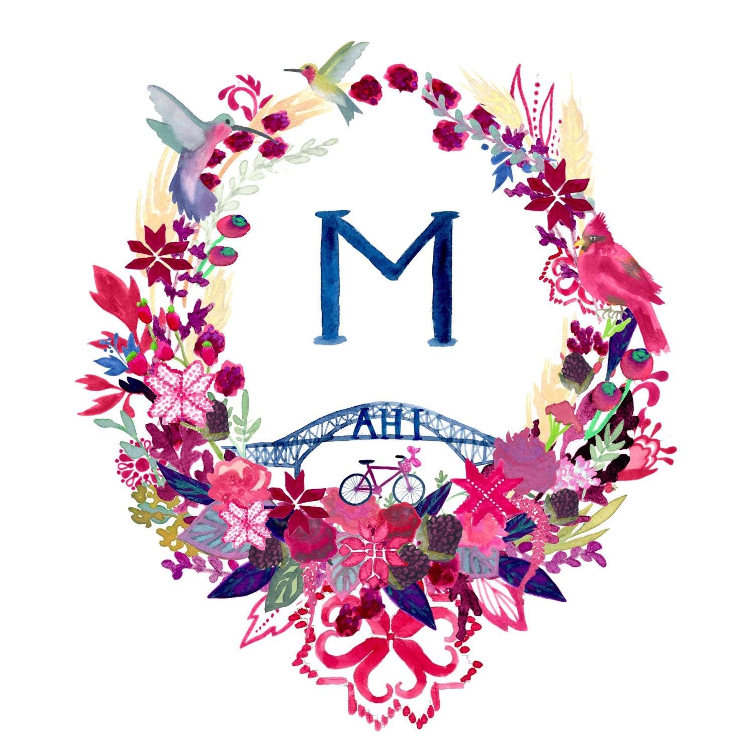 Hand Drawn Custom Monogram flowers hardanger berries red | Etsy