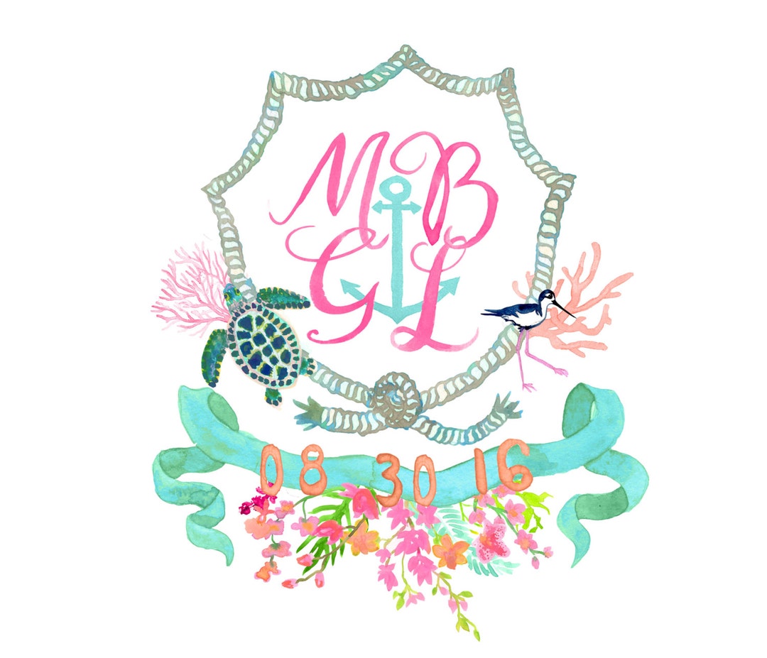 Hand Painted Custom Crest - Monogram, Heraldry, Flowers, Ocean, Beach ...