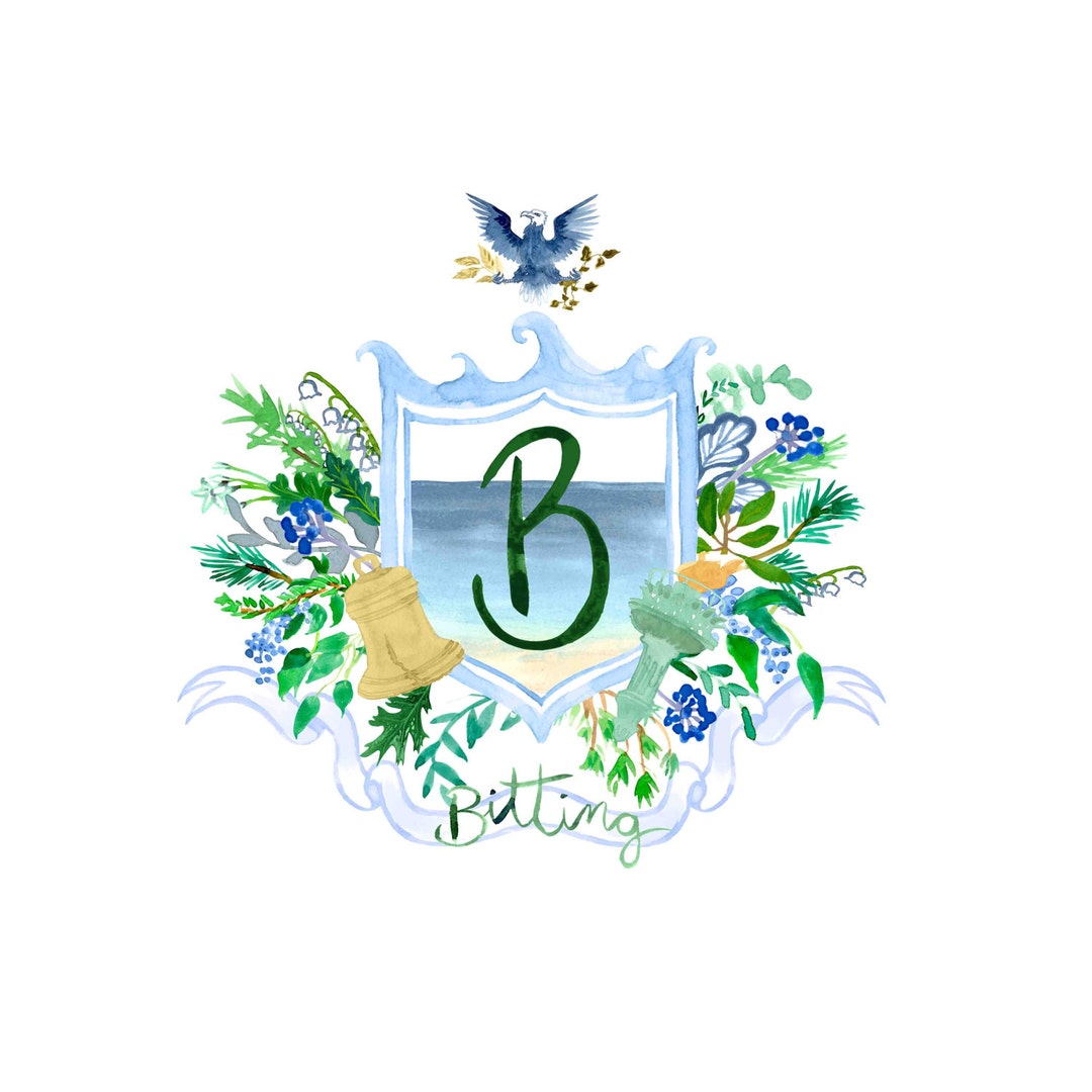 Hand Drawn Custom Crest - Monogram, Heraldry, Flowers, Bluebells, Pine ...