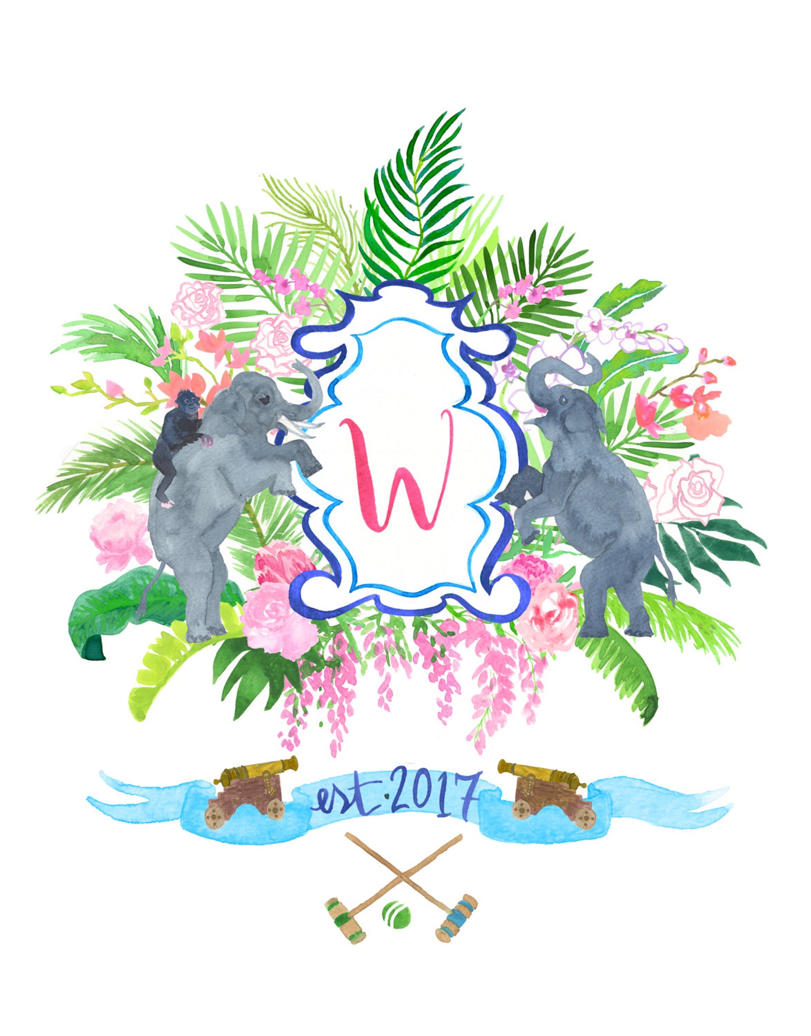 Hand Drawn Custom Crest - Monogram, Palms, Heraldry, Tropical, Jungle ...