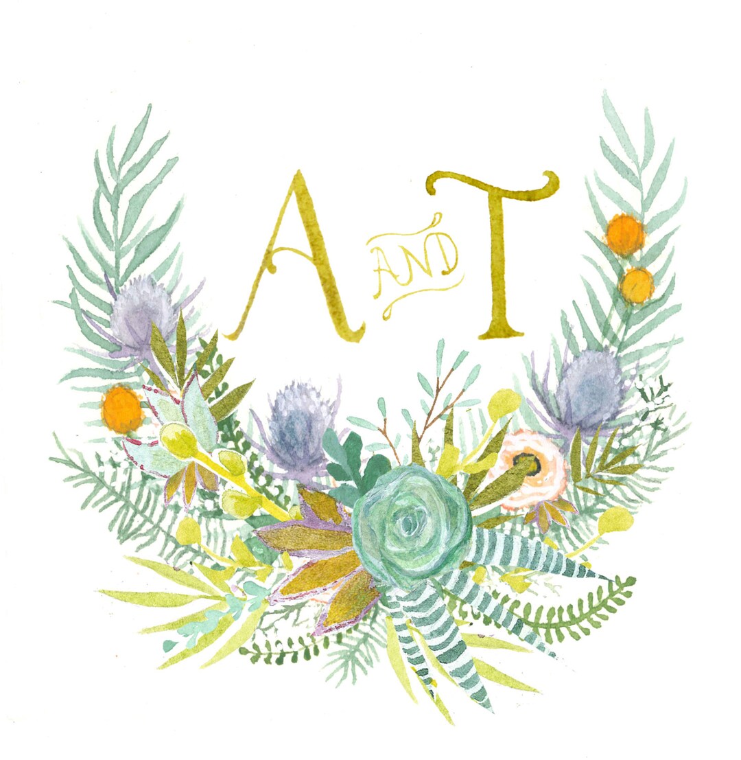 Hand Drawn Custom Floral Wreath - Monogram, Flowers, Ferns, Succulents ...