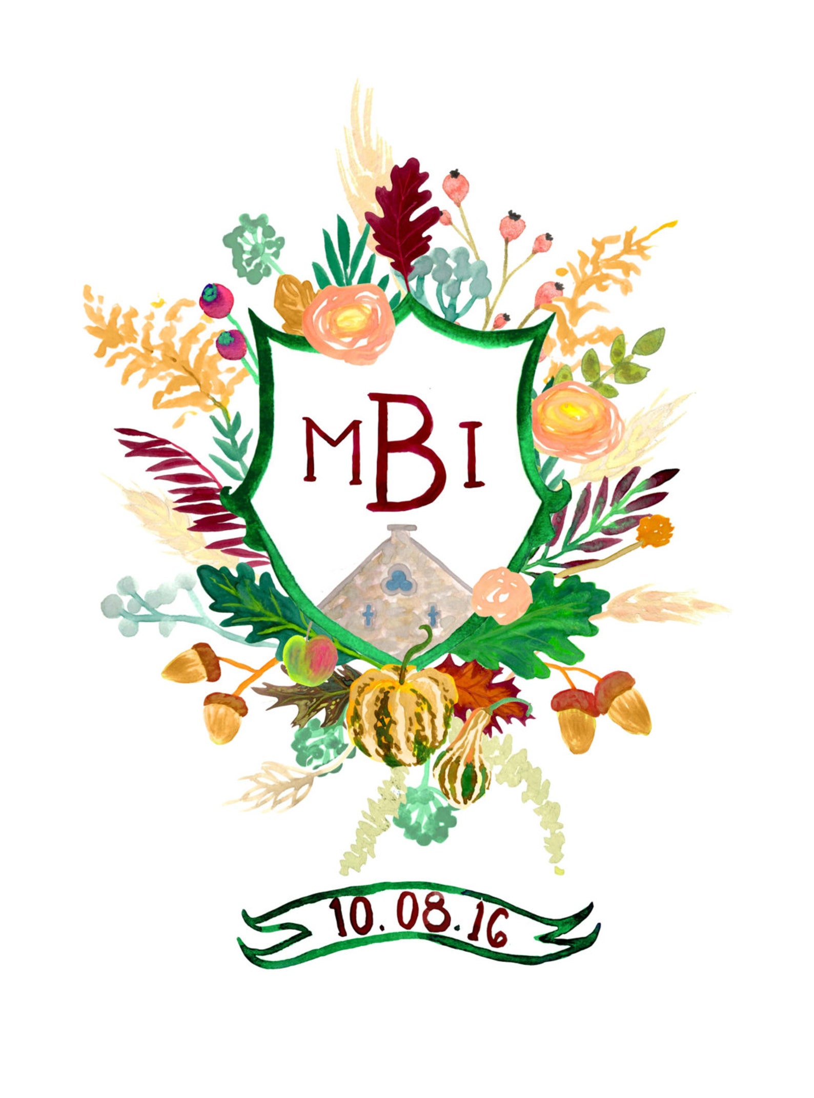 Hand Drawn Custom Crest - Flowers, Ferns, Forest, Autumn, Fall, Rustic ...