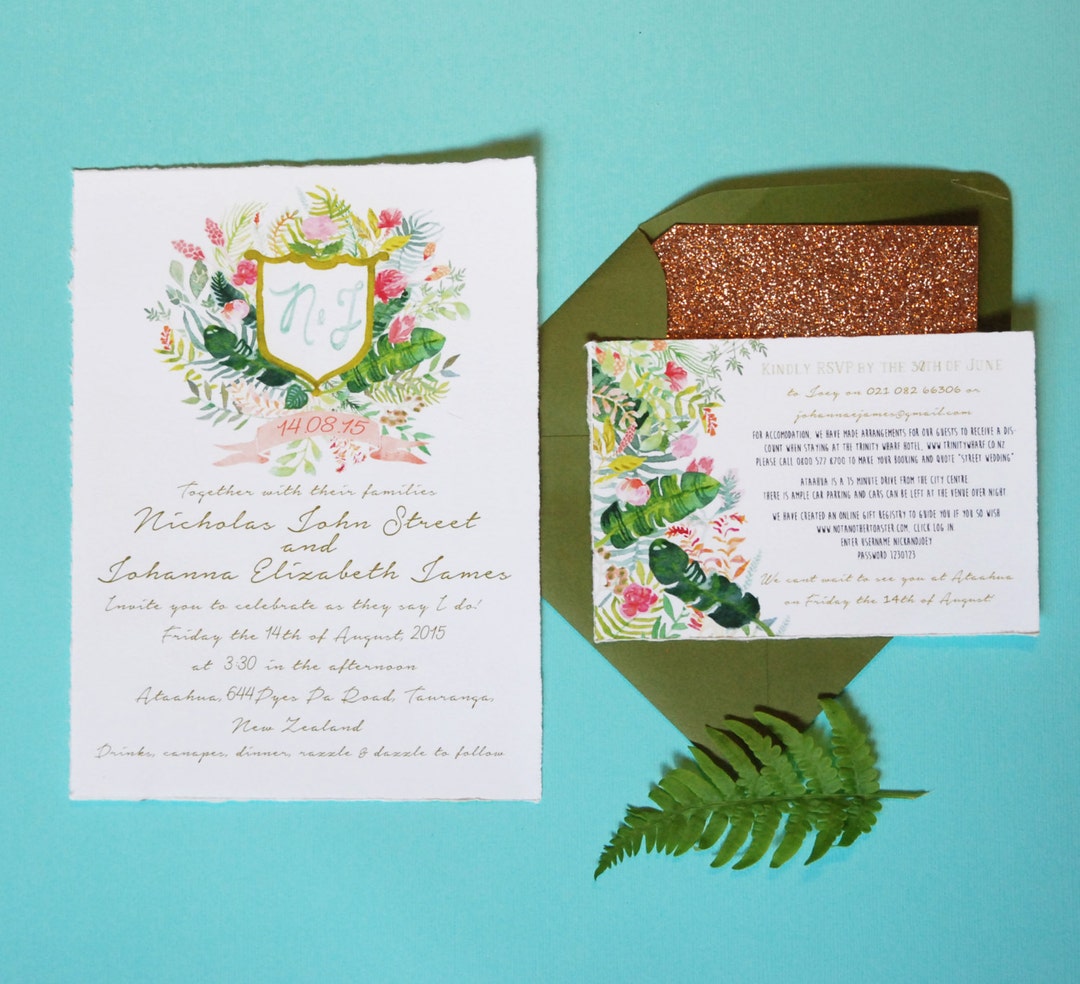 Hand Drawn Custom Wedding Invitation Suite: Flowers, Ferns, Succulents ...