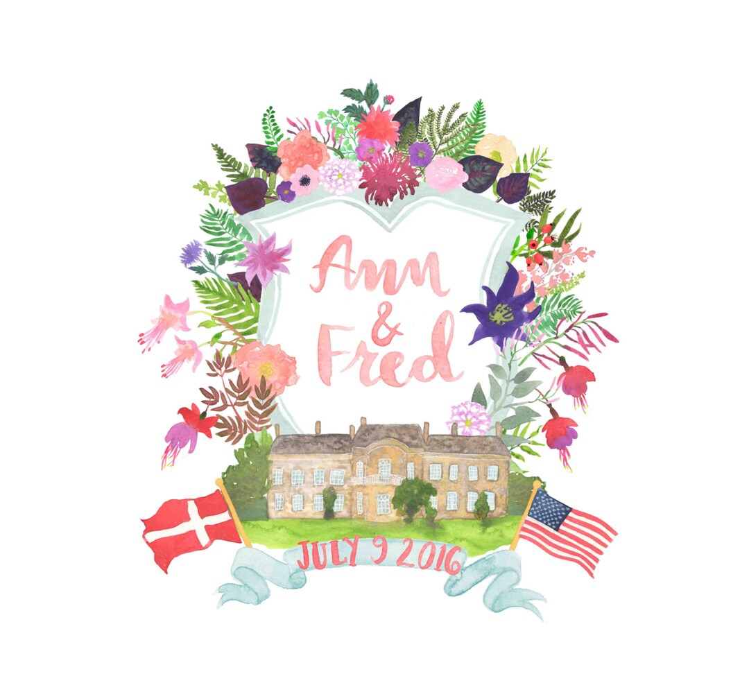Hand Drawn Custom Crest - Monogram, Flowers, Garden, English, Botanical ...