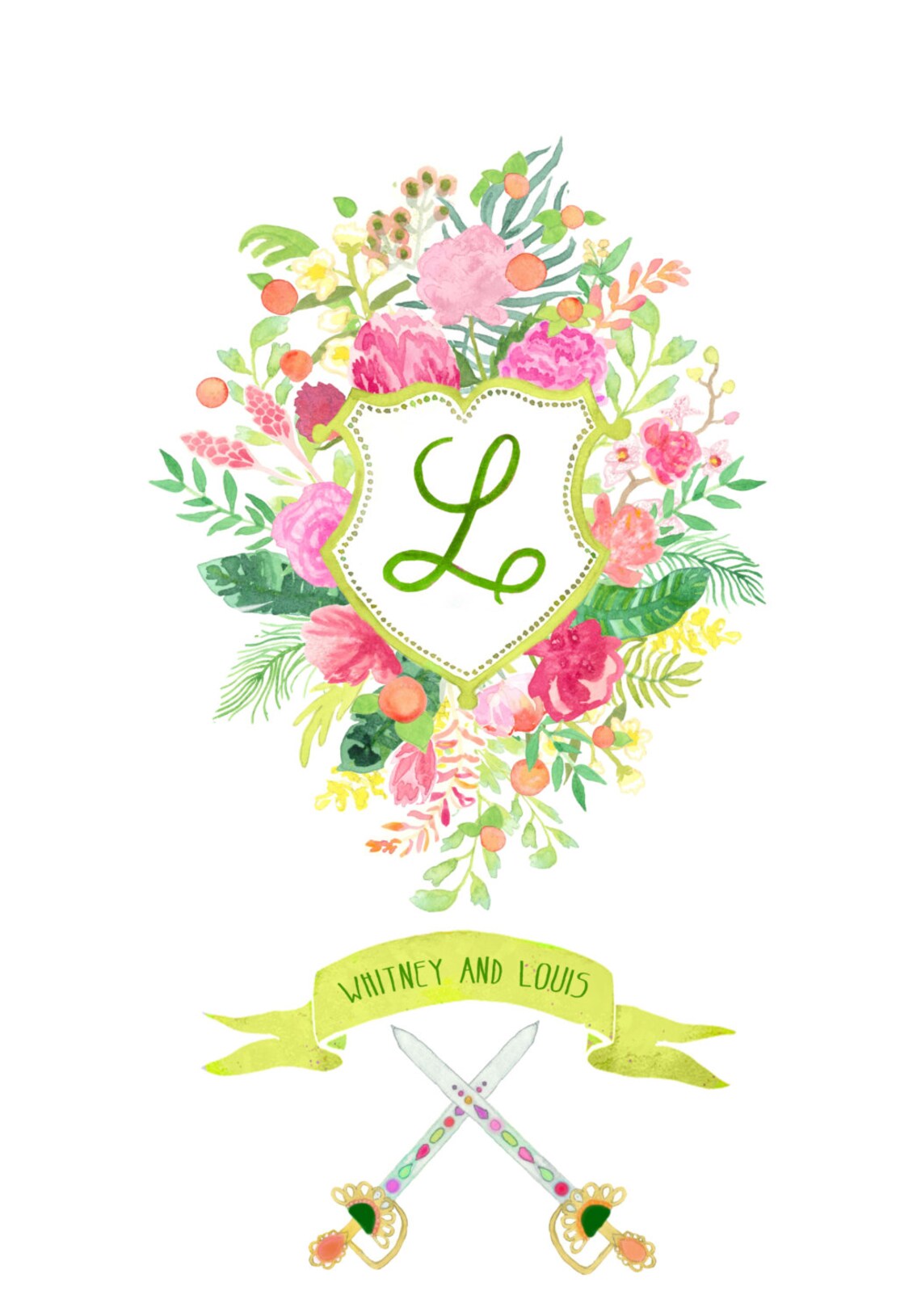 Hand Drawn Custom Botanical Crest - Monogram, Flowers, Orchid, Sea ...
