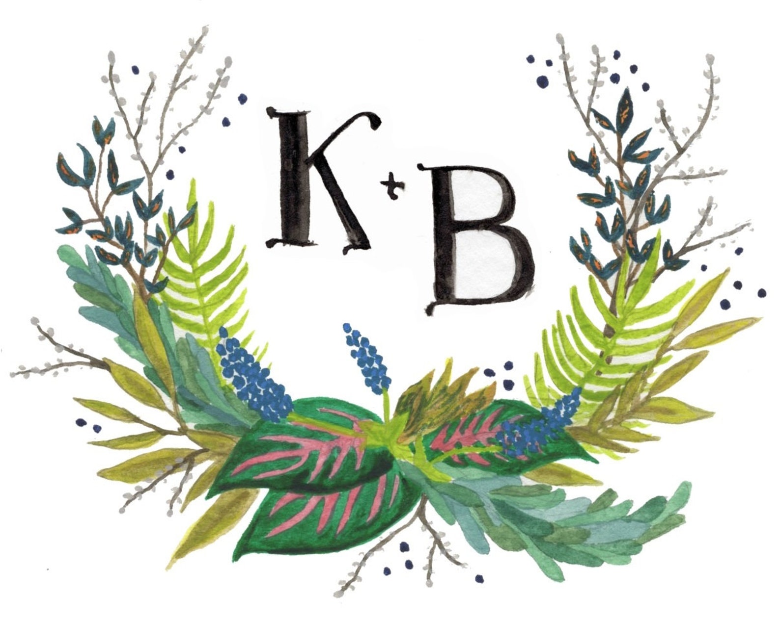 Hand Drawn Floral Wreath Monogram Names Flowers Ferns - Etsy