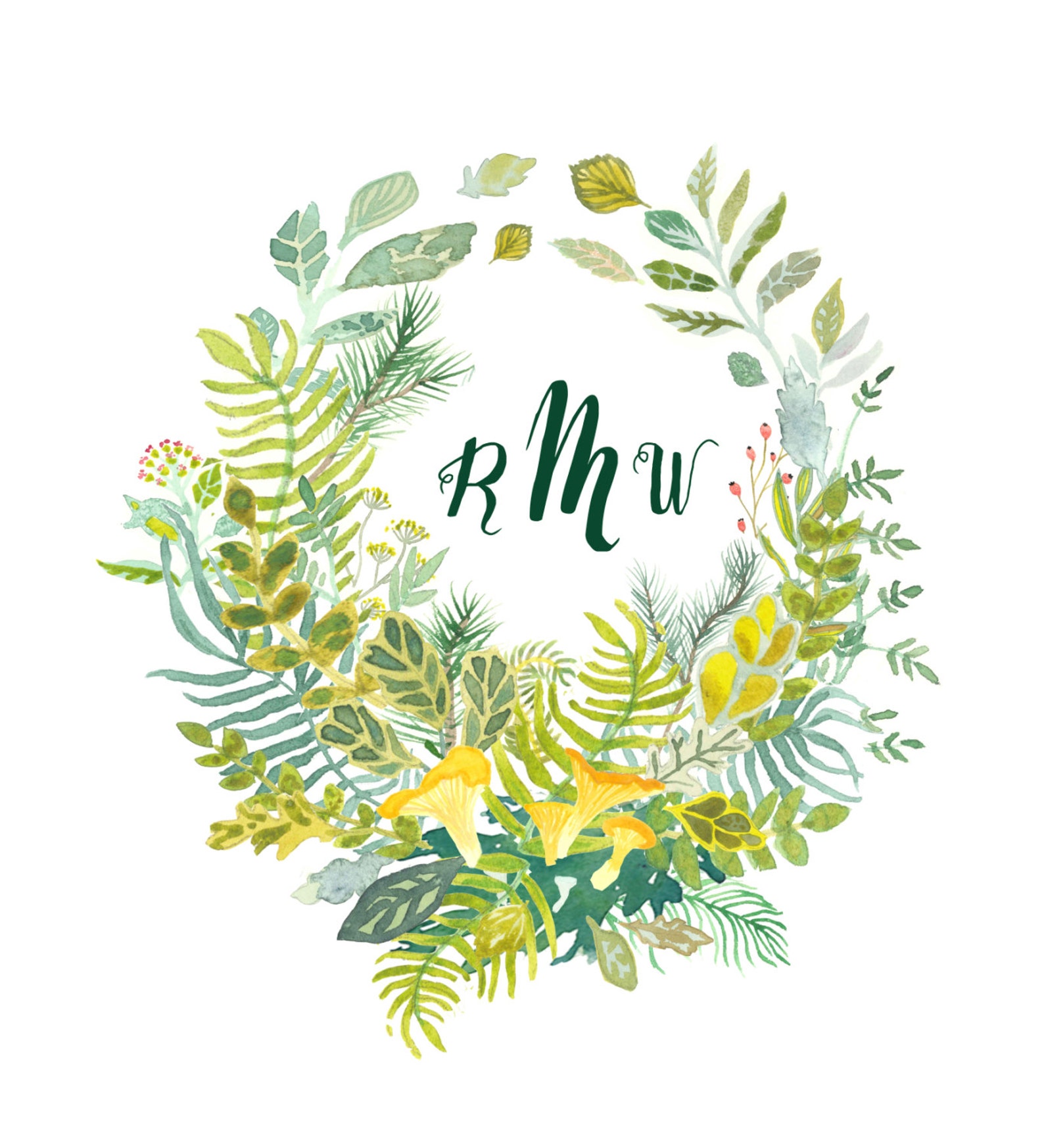 Hand Drawn Custom Botanical Crest Monogram Flowers Ferns - Etsy