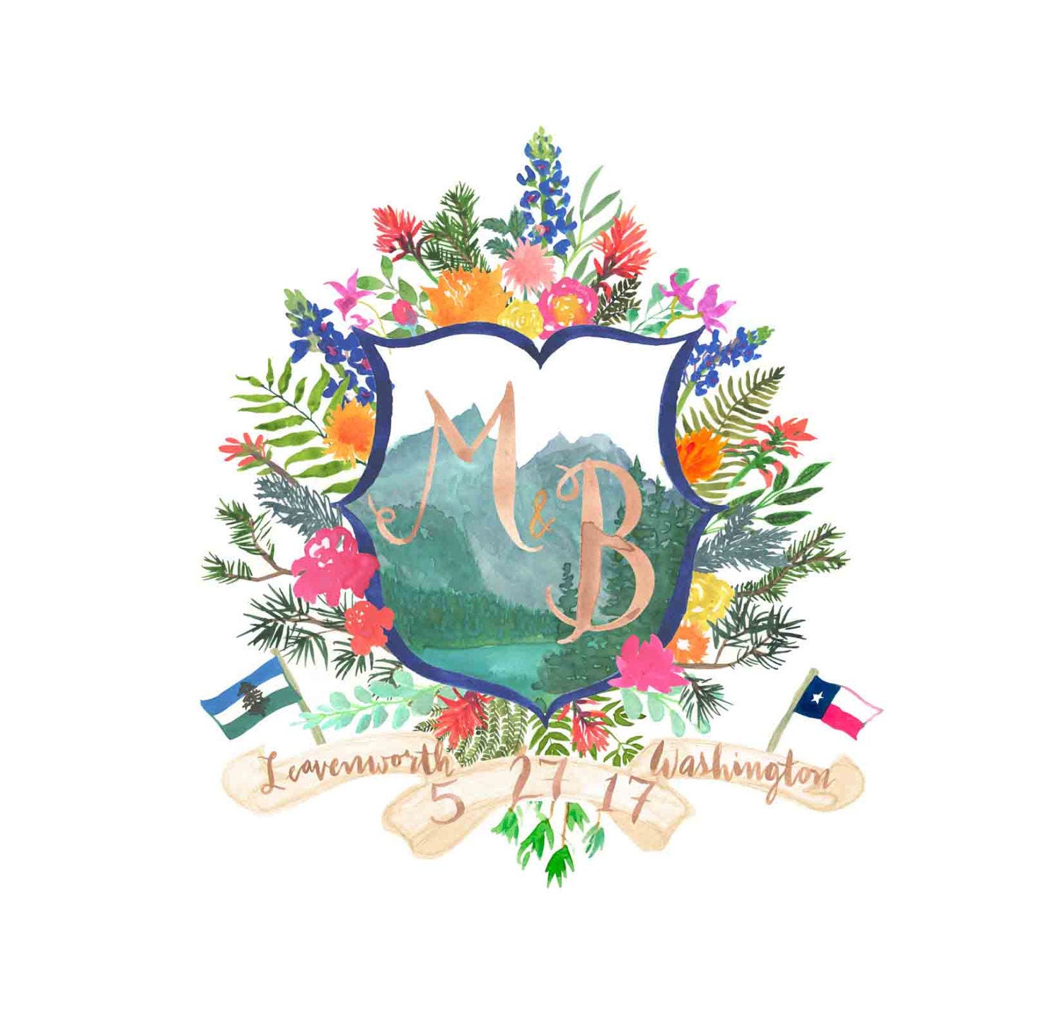 Hand Drawn Painted Crest - Monogram, Heraldry, Flowers, Texas, Cactus ...