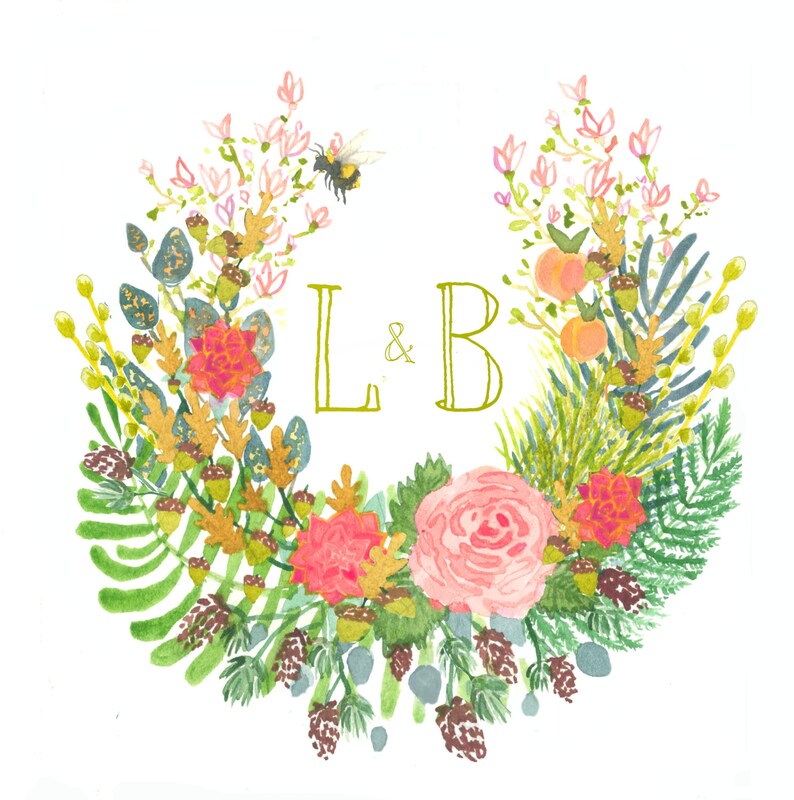 Hand Drawn Floral Wreath Monogram Names Flowers Ferns - Etsy