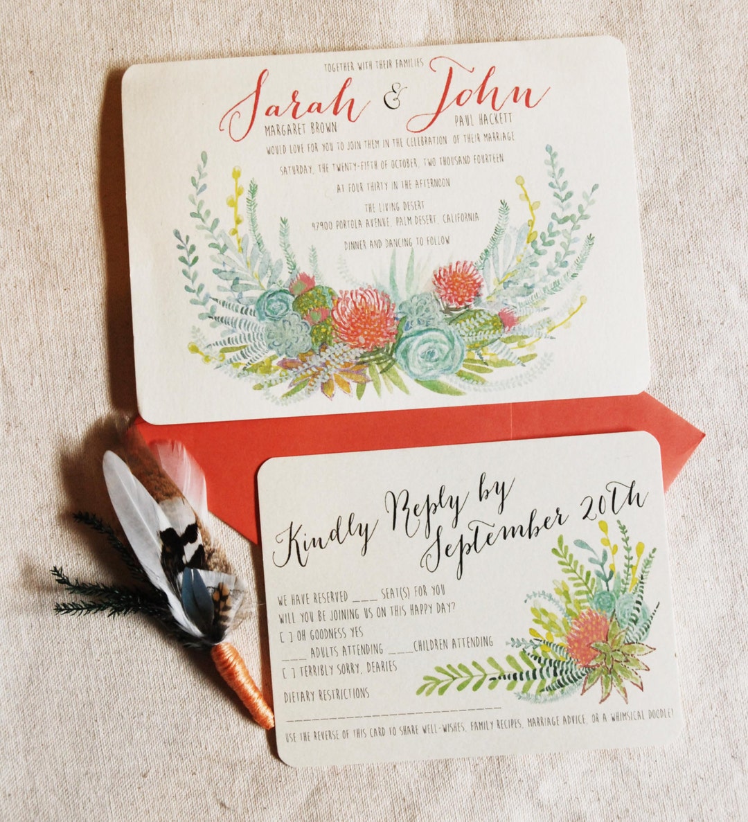 Hand Drawn Custom Wedding Invitation Suite: Flowers, Ferns, Succulents ...