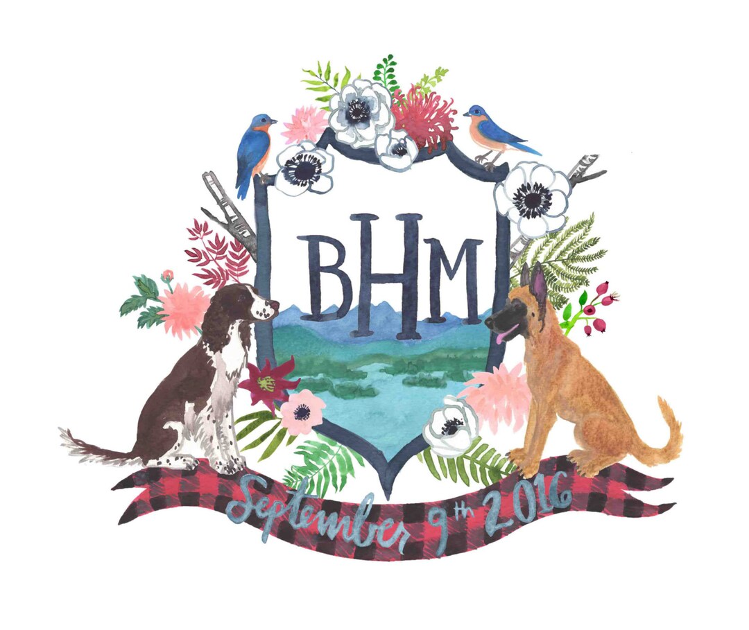 Hand Drawn Custom Crest - Monogram, Heraldry, Flowers, Buffalo Check ...
